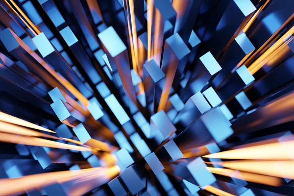 Abstract high tech technology 3D background. Metal pillars and light ...