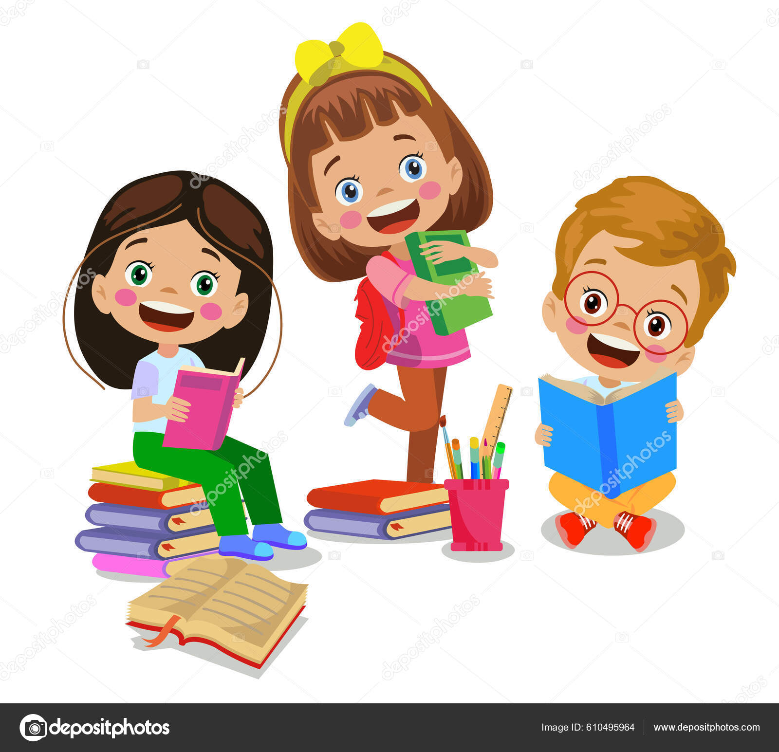 Image vectorielle Mignon Heureux Enfants Lecture Livre par ...