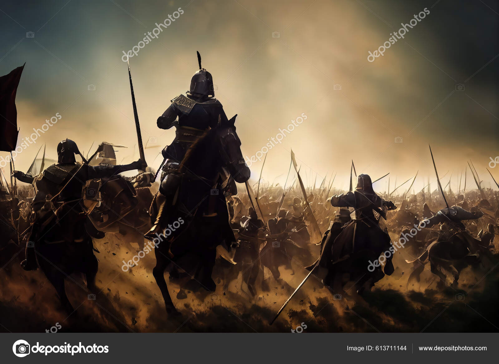 Epic Medieval Battle Scene Knights Riding Horses Attacking Enemy Cinematic — Stock Photo ...