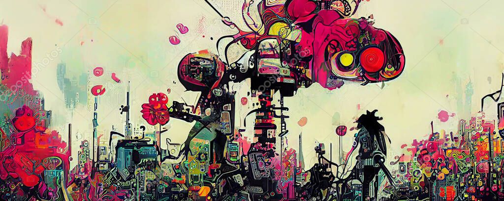 Arte digital punk rock psicodélico, ciudad, tecnología versus ...