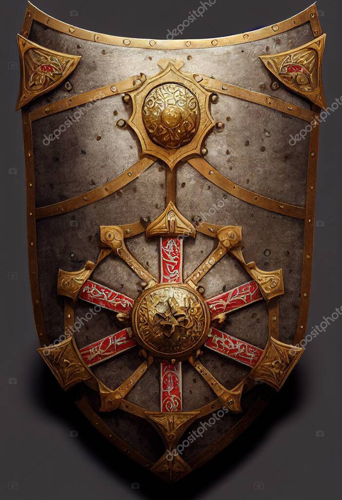 Un escudo moderno con patrones adornados con toques de oro. Metal hizo ...