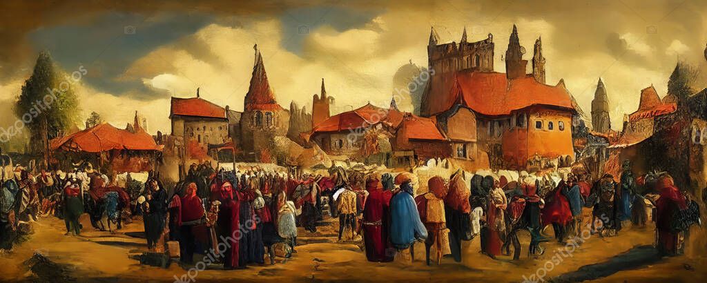 Pintura de un municipio feudal medieval, multitudes reunidas en el ...