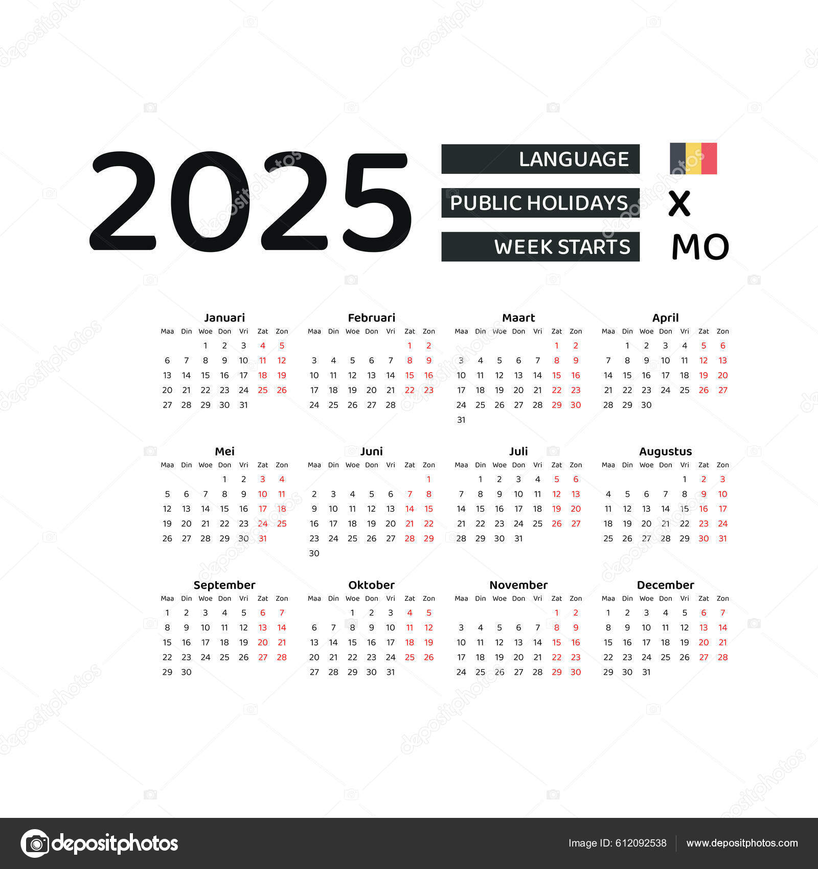 Belgium Calendar 2025 Week Starts Monday Vector Graphic Design Dutch ...