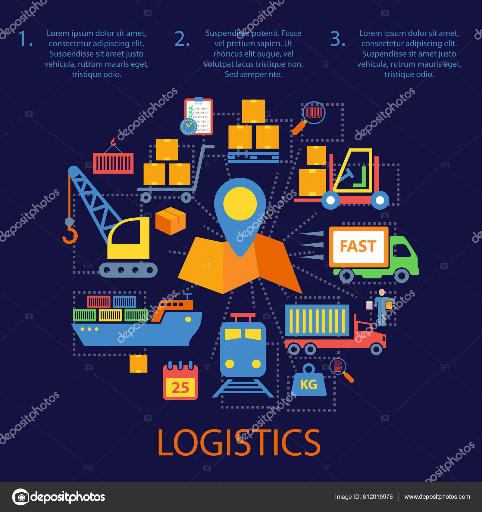 Logistic Infographic Flat Icons Set Map Pin Vector Illustration Stock ...