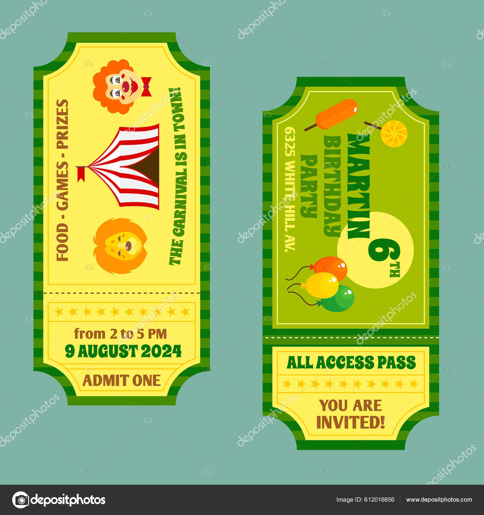 Two Vintage Circus Carnival Birthday Party Invitation Tickets Templates ...