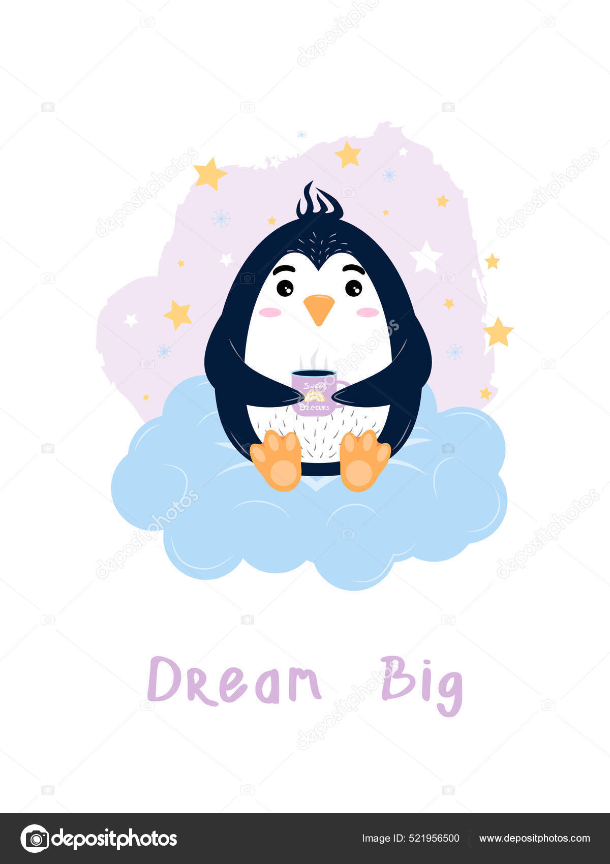 Cute Penguin Sitting Clouds Cup Drawing Children's Room Vector ...
