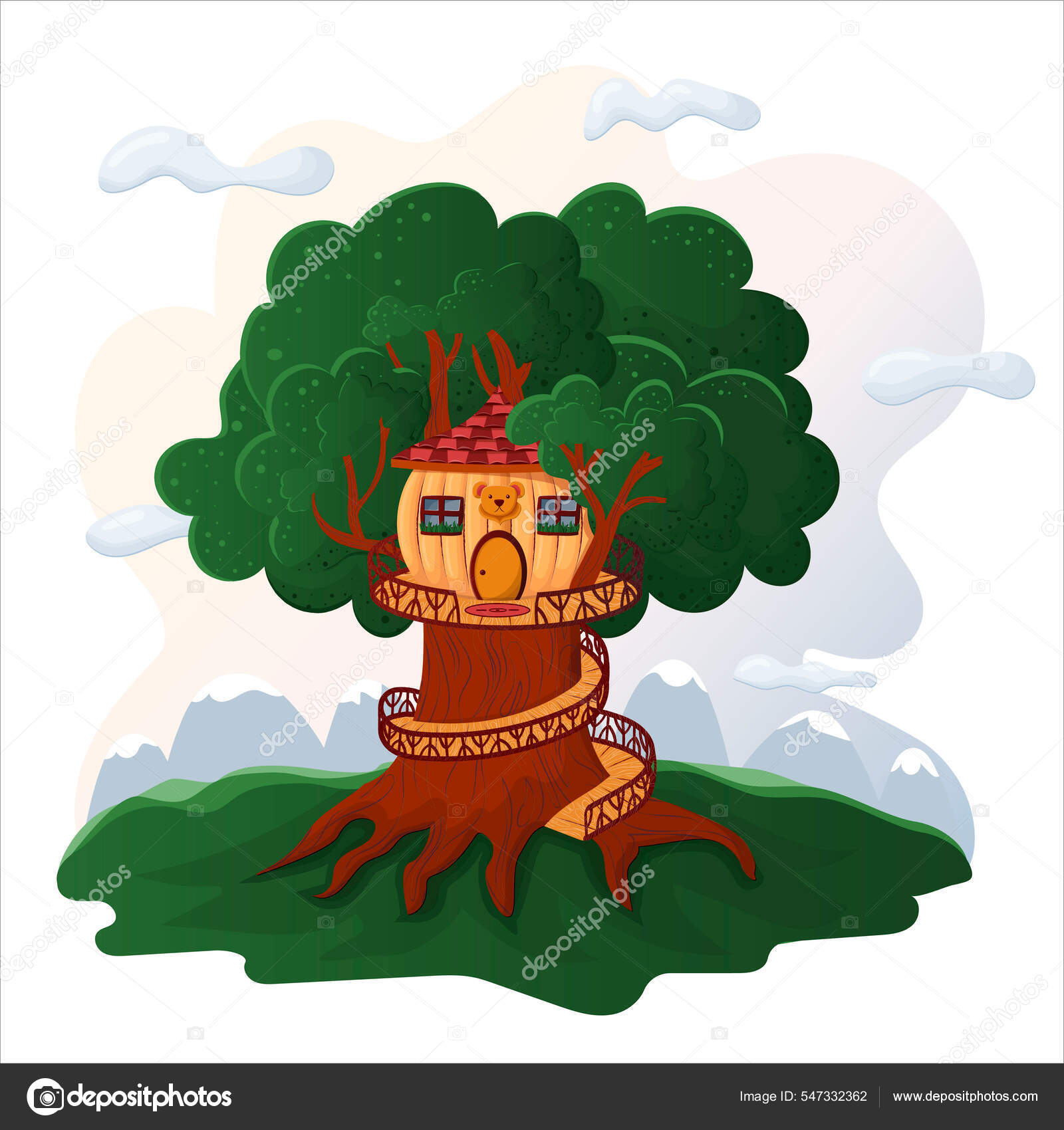 Wooden Oak Tree House Carved Spiral Staircase Cartoon Style Stock ...