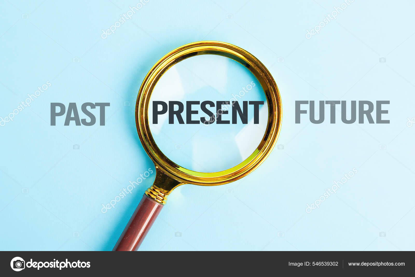 Present wording inside of Magnifier glass on blue background for focus ...
