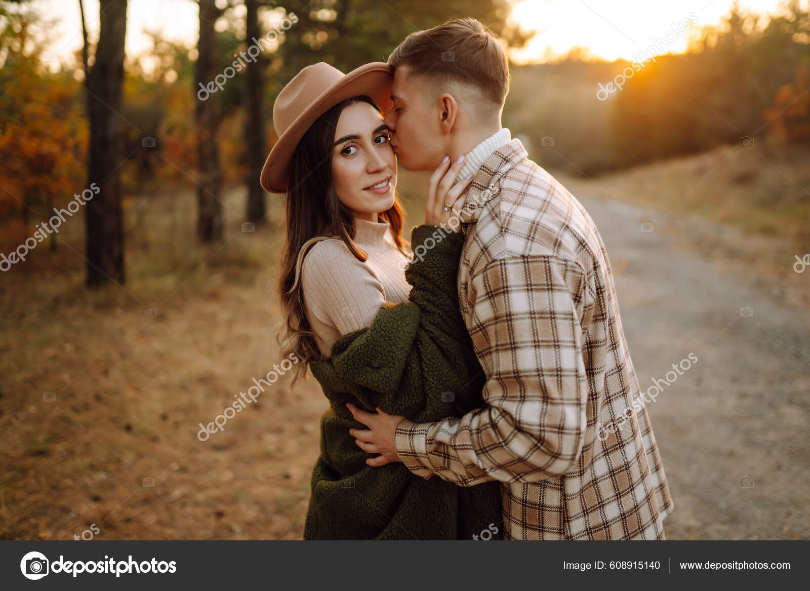 Young Couple Having Fun Walking Hugging Autumn Park Sunset People ...