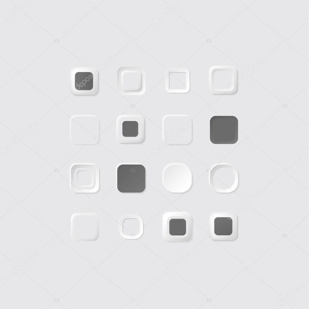 Neumorphic square buttons. White geometric shapes in a trendy soft 3D style with shadow. Web ...