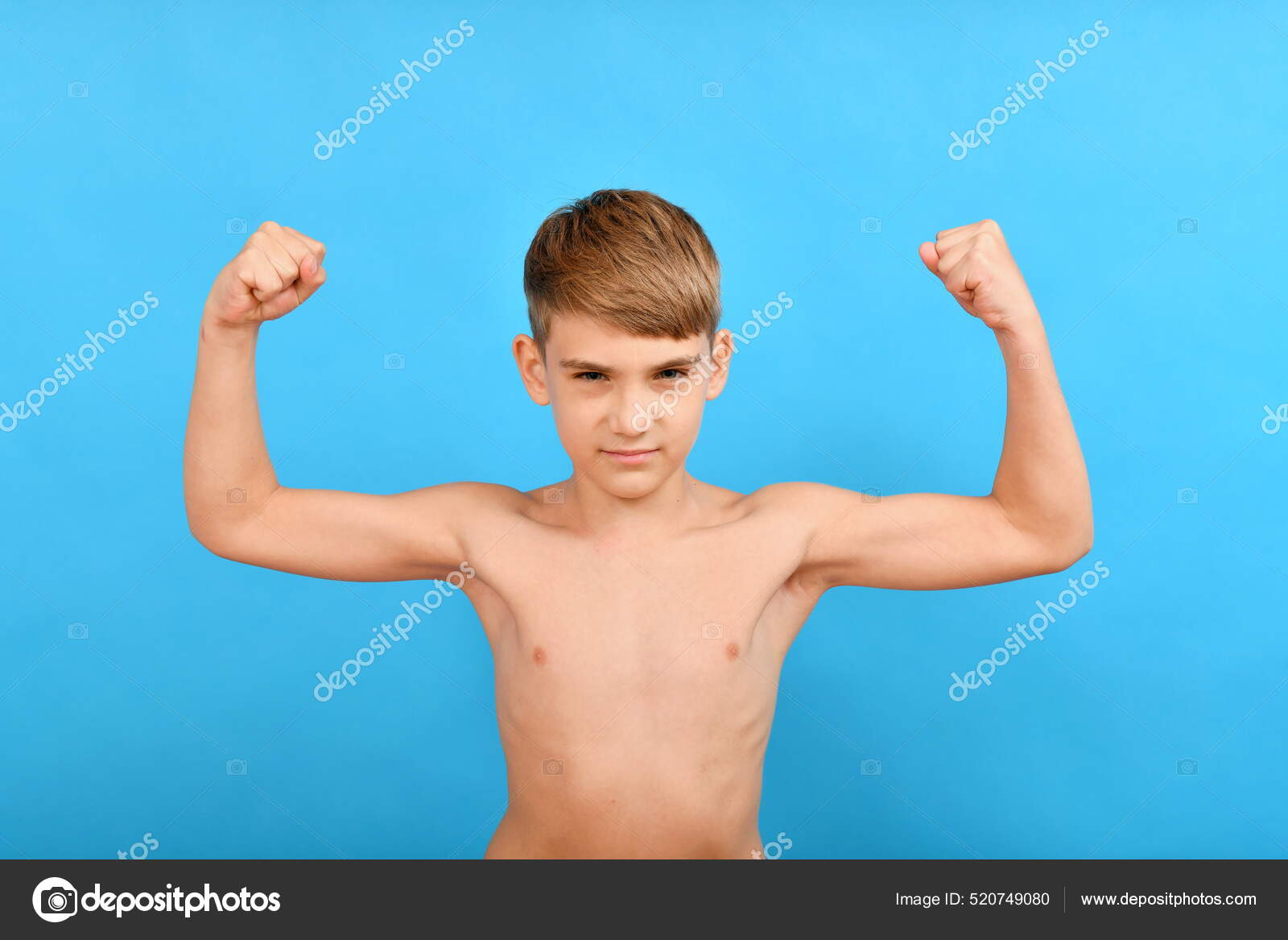 Small Thin Boy Muscles Raised His Arms Top Shows Biceps Stock Photo by ...