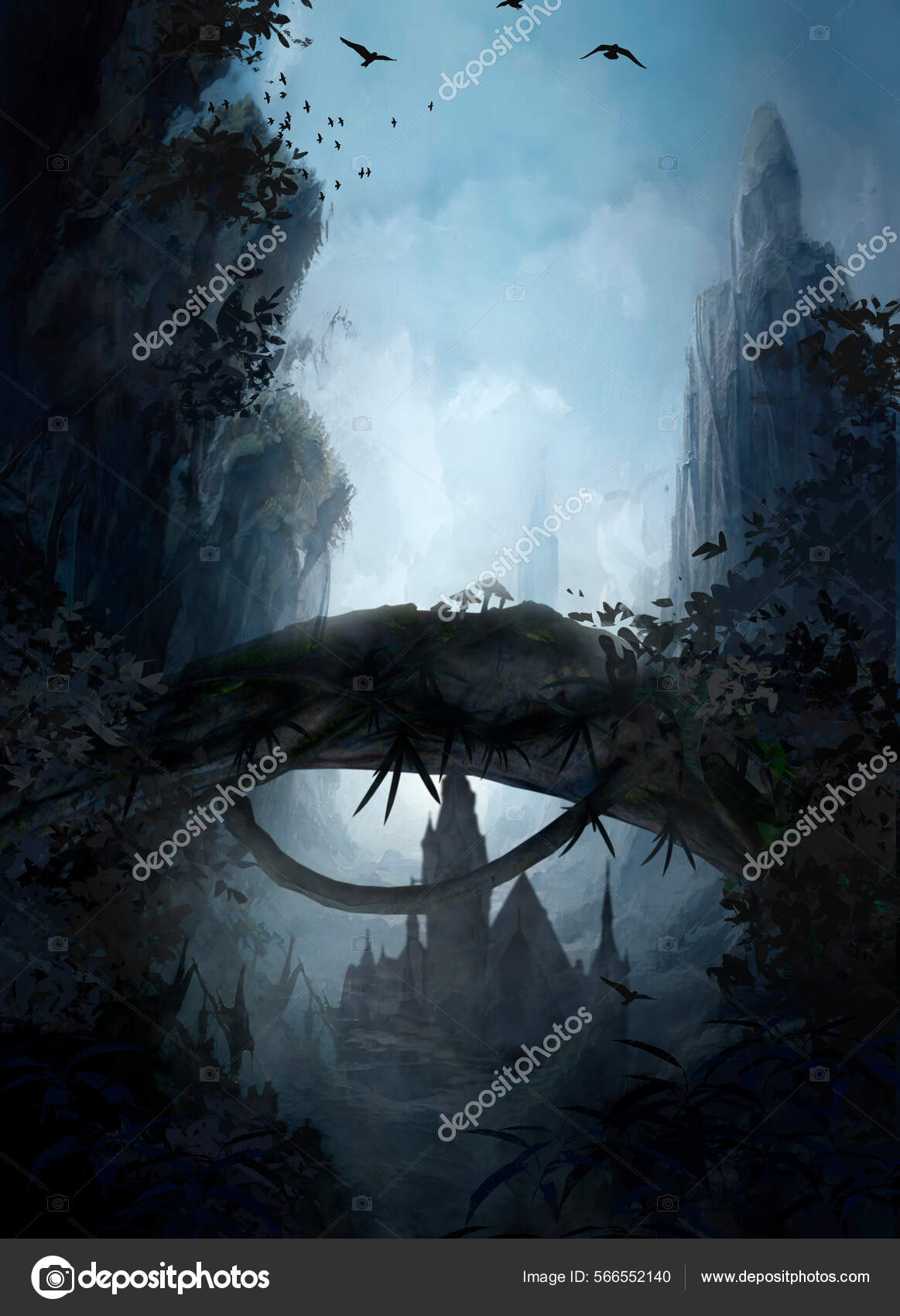 Cutout Enchanted Forest Blue Tones Castle Background Log Foreground ...