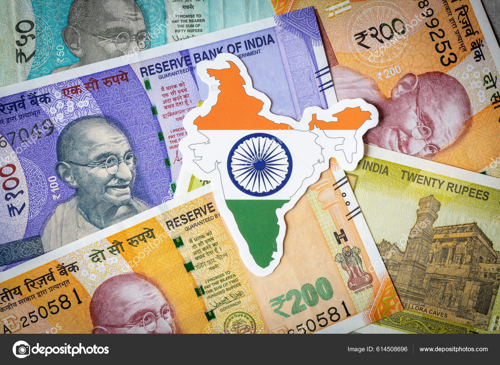 Indian Money Various Banknotes New Series Indian Flag Country Shape ...