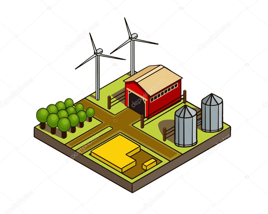 Composici n isom trica agr cola con edificios y veh culos agr colas ganader a y tierras ...