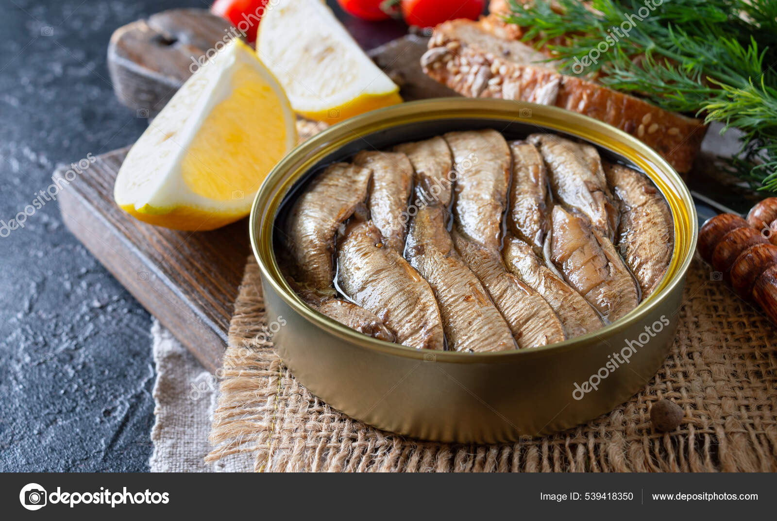 Baltic Canned Seafood Fish Sprats Tin Can Black Background Ingredients ...