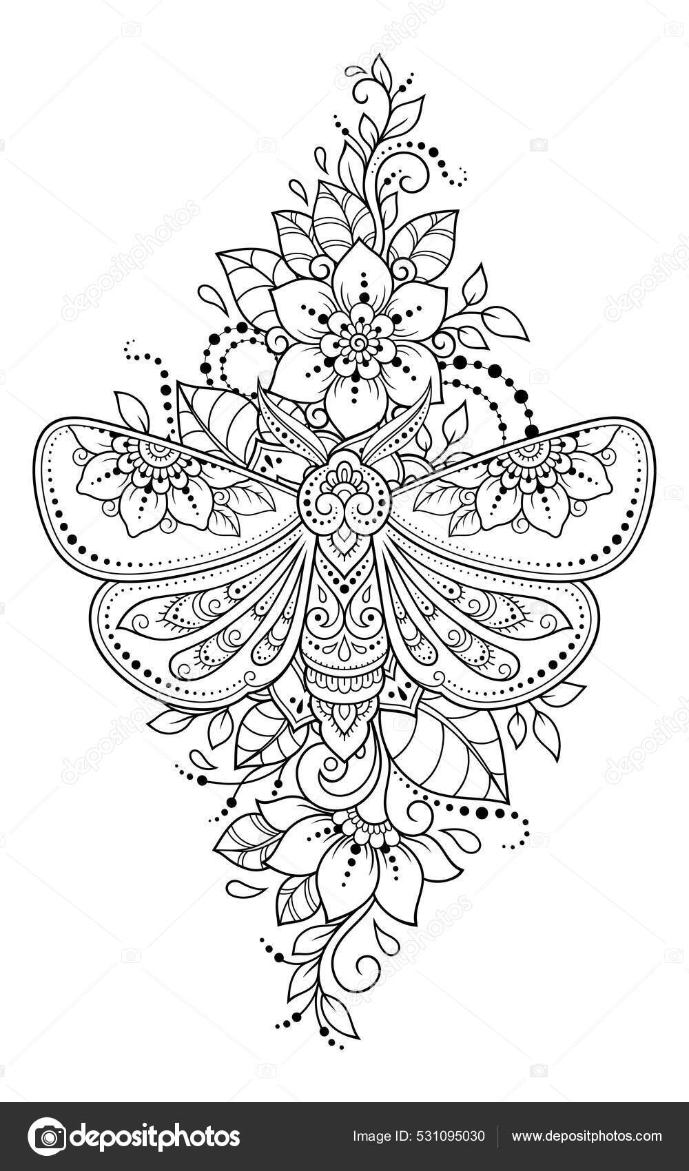 Moth Decorated Indian Ethnic Floral Vintage Pattern Hand Drawn ...