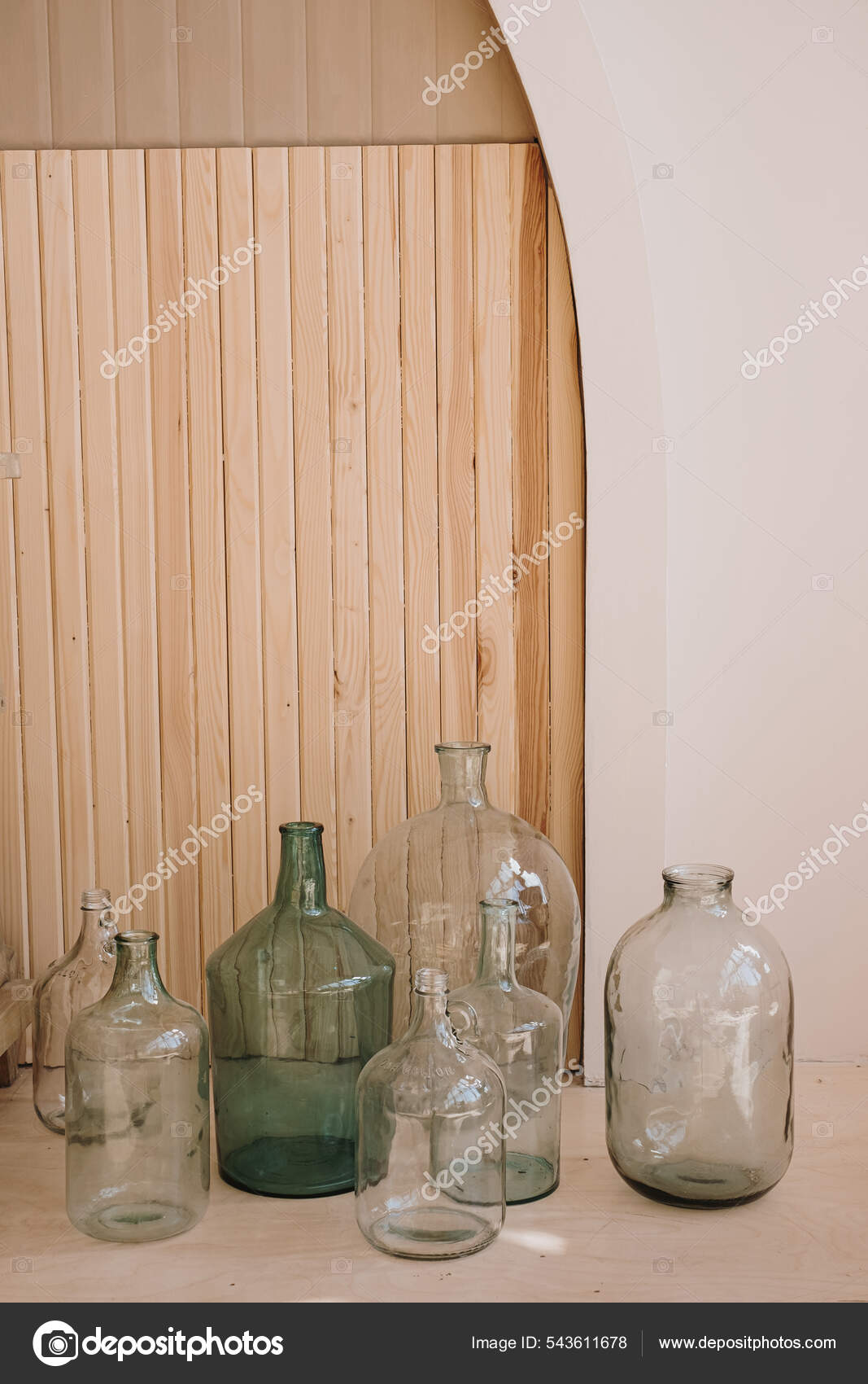 Old Vintage Translucent Bottles Wooden Wall — Stock Photo ...