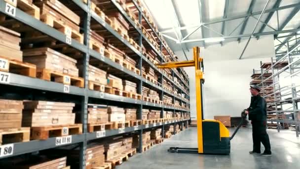 Warehouse Storage Engineer Uses Forklift Remove Pallets Goods Shelves ...