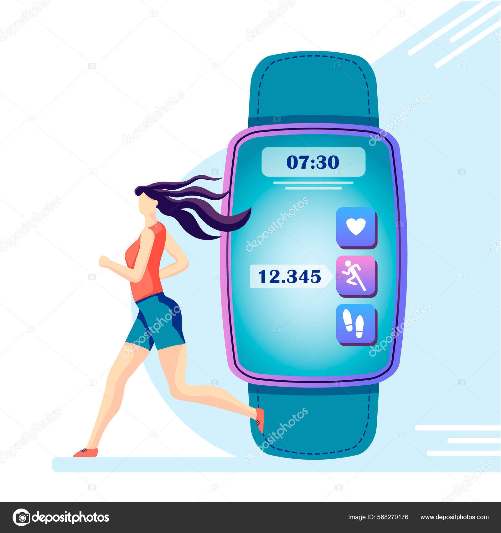 Vector Illustration Girl Runs Application Smart Watch Tracks Her ...