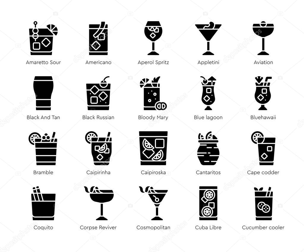 Conjunto de iconos de cóctel, Ilustración de vectores de bebidas ...