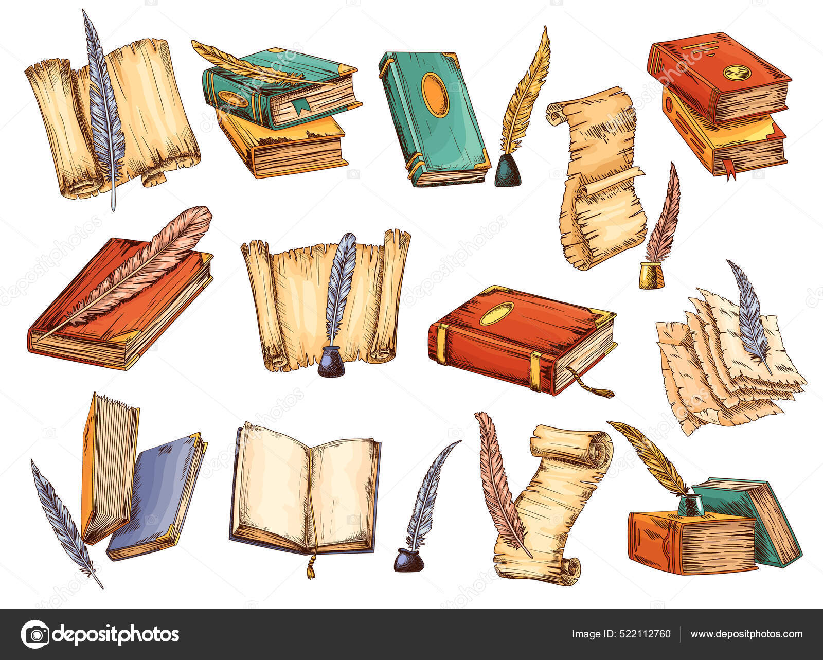 Stará kniha. Vektorová sada starých otevřených knih s prázdnou stránkou ...