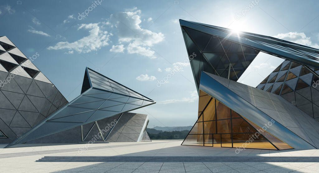Diseño de forma triangular contemporáneo moderno Edificio de arquitectura exterior con vidrio ...