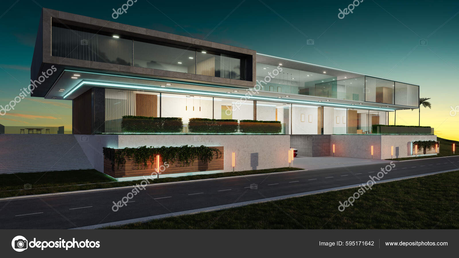 Beautiful Modern Luxury Villa Night Scene Rendering Stock Photo by ...