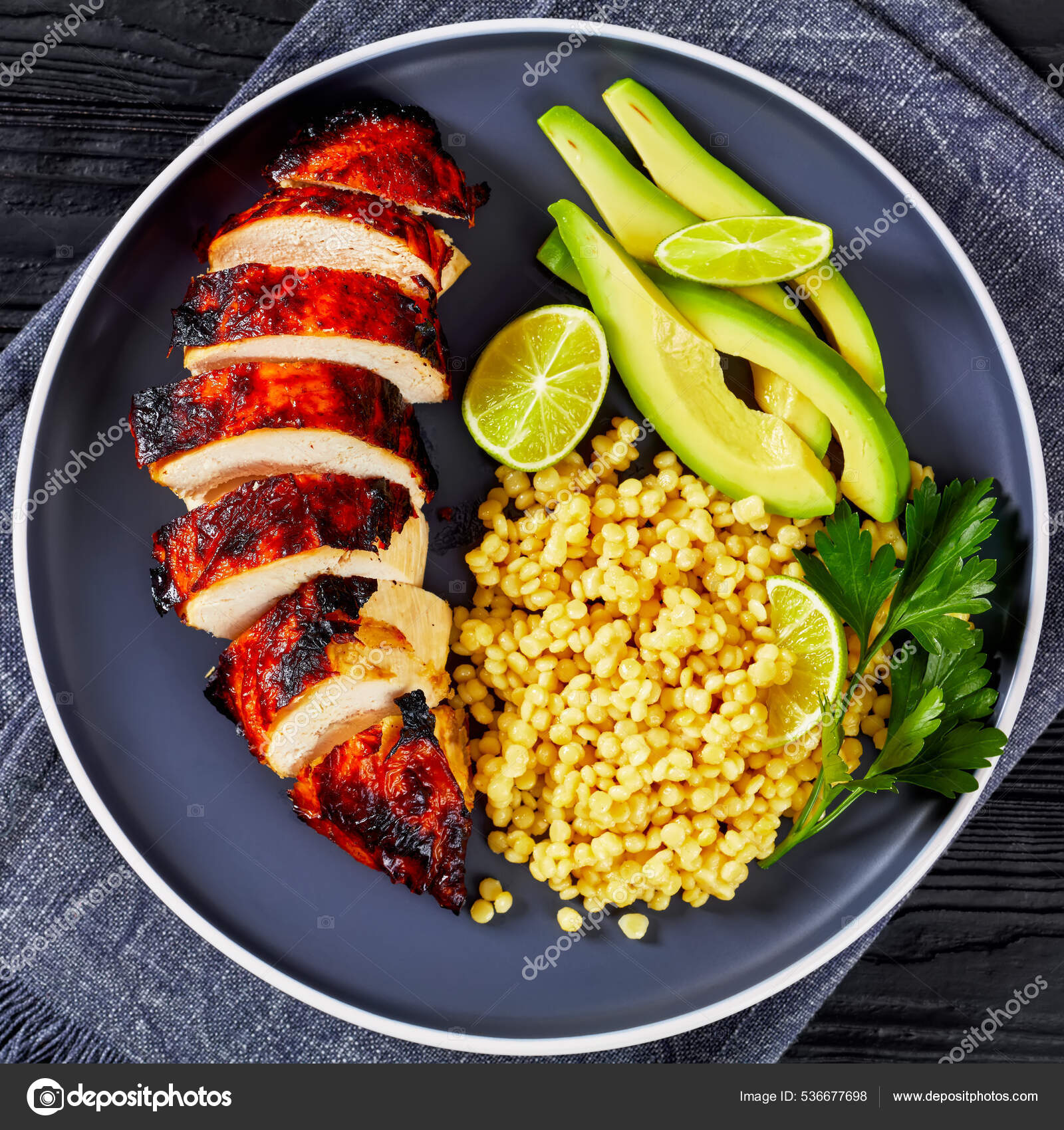 Grilled Chicken Breast Israel Couscous Ptitim Fresh Avocado Lime Plate ...