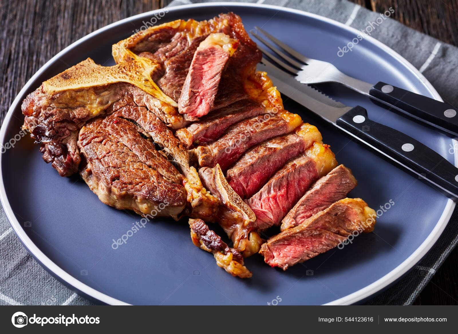 Close Fried Sliced Porterhouse Steak Bone Steak Plate Steak Cutlery ...