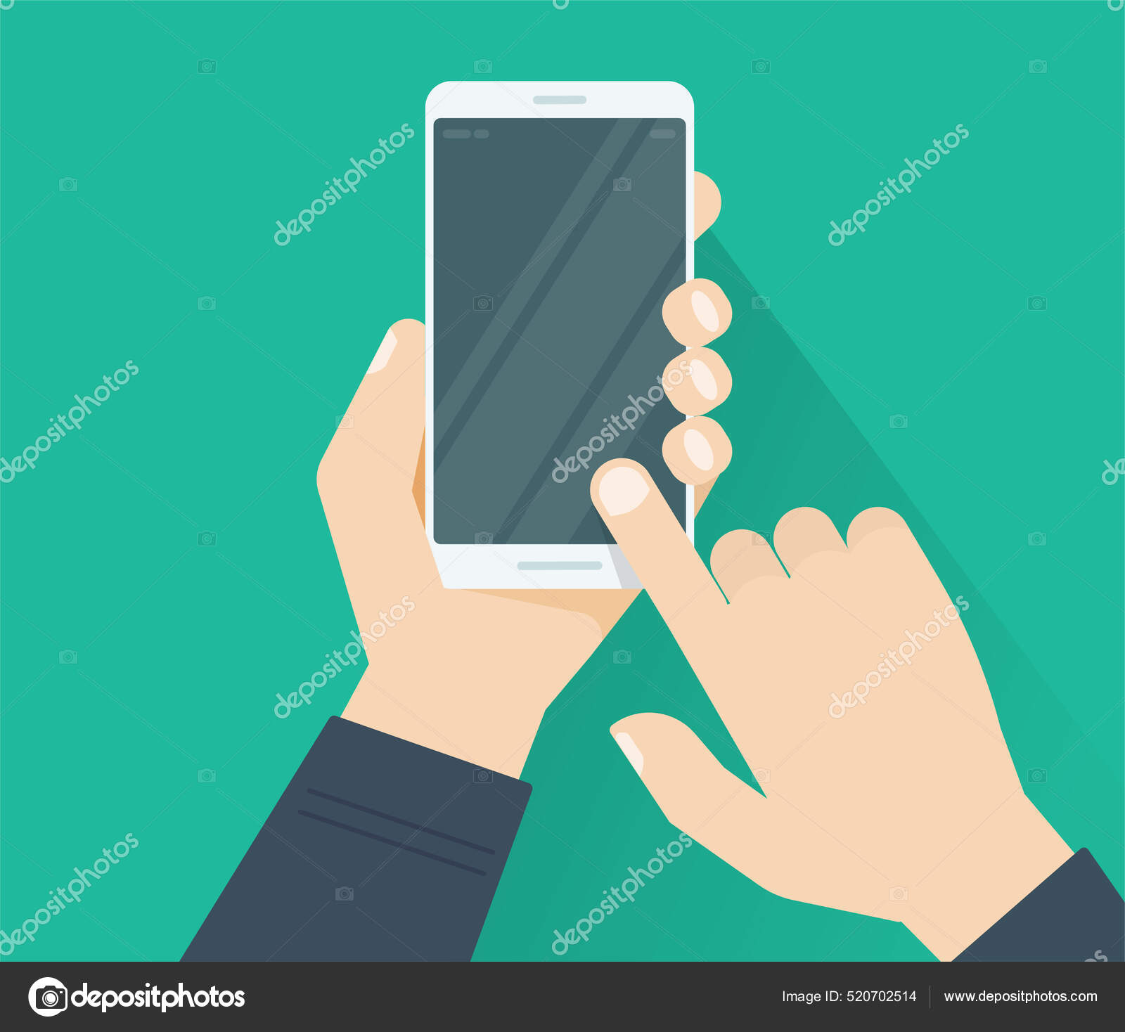 Cell phone in hand showing blank empty screen and pointing finger ...