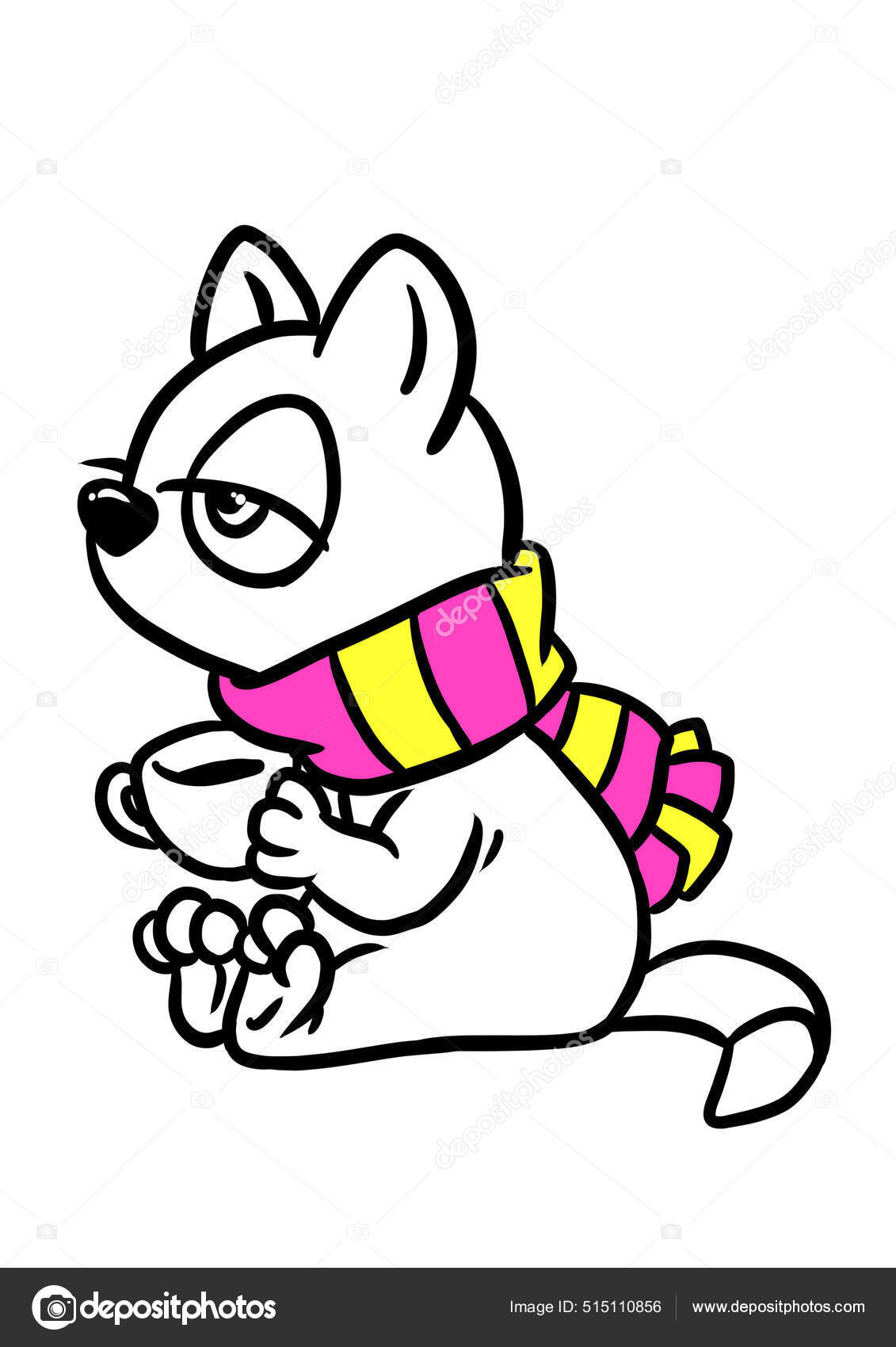 Sad Cat Drinking Coffee Cartoon Minimalism Illustration Stock ...