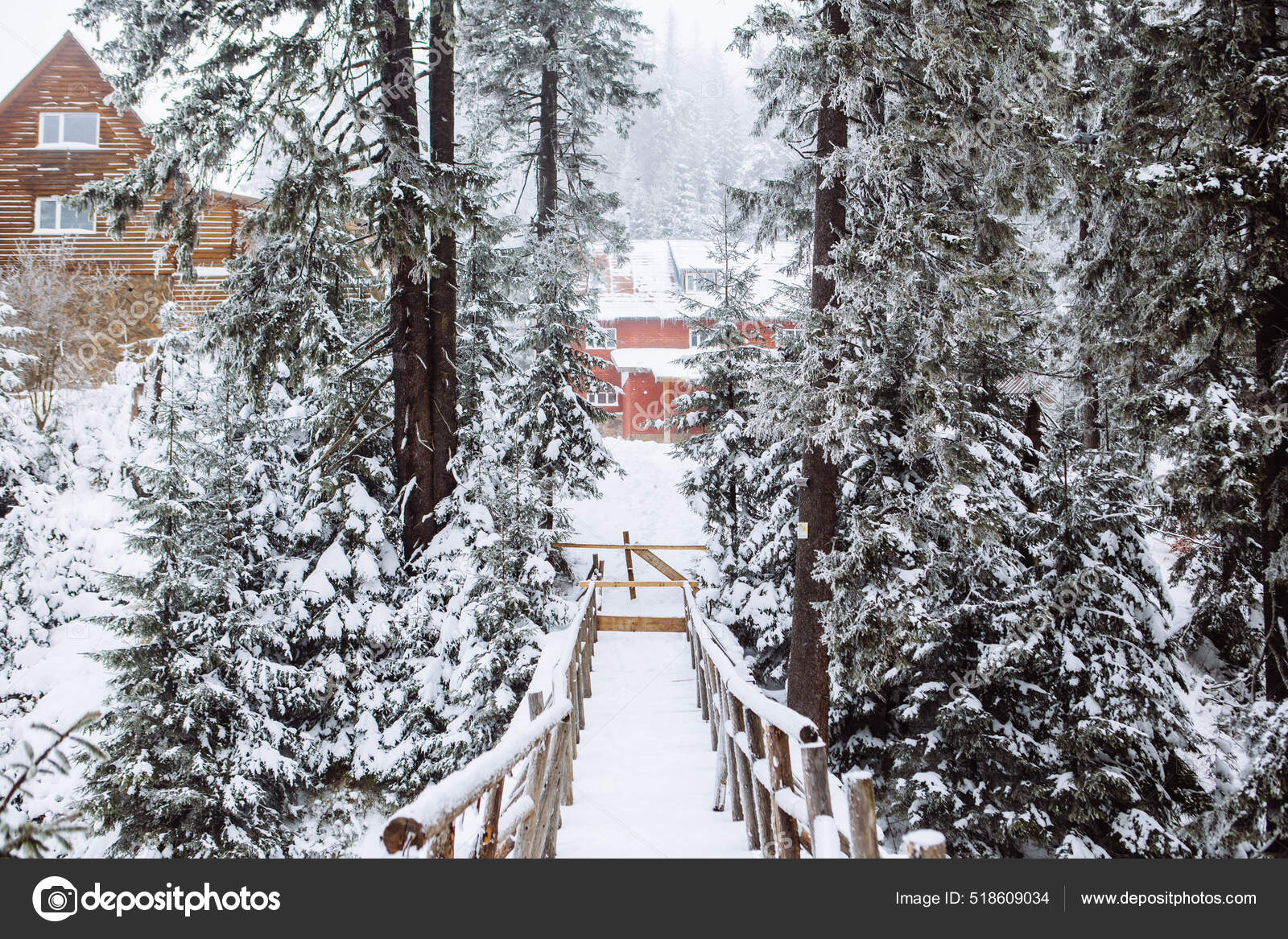 Snow Covered Bridge Forest Building Background Stock Photo by ©Vera ...