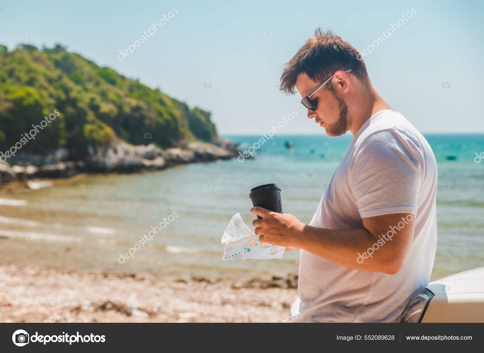 Man Checking Map Car Hood Destination Place Sea Beach Background Stock ...