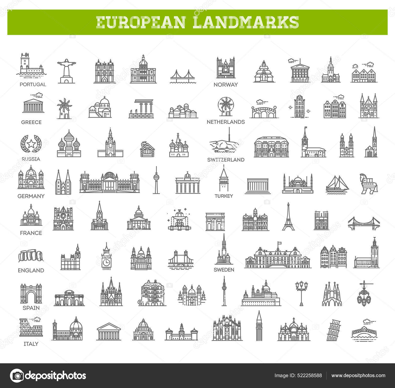 Simple linear Vector icon set representing global tourist european ...