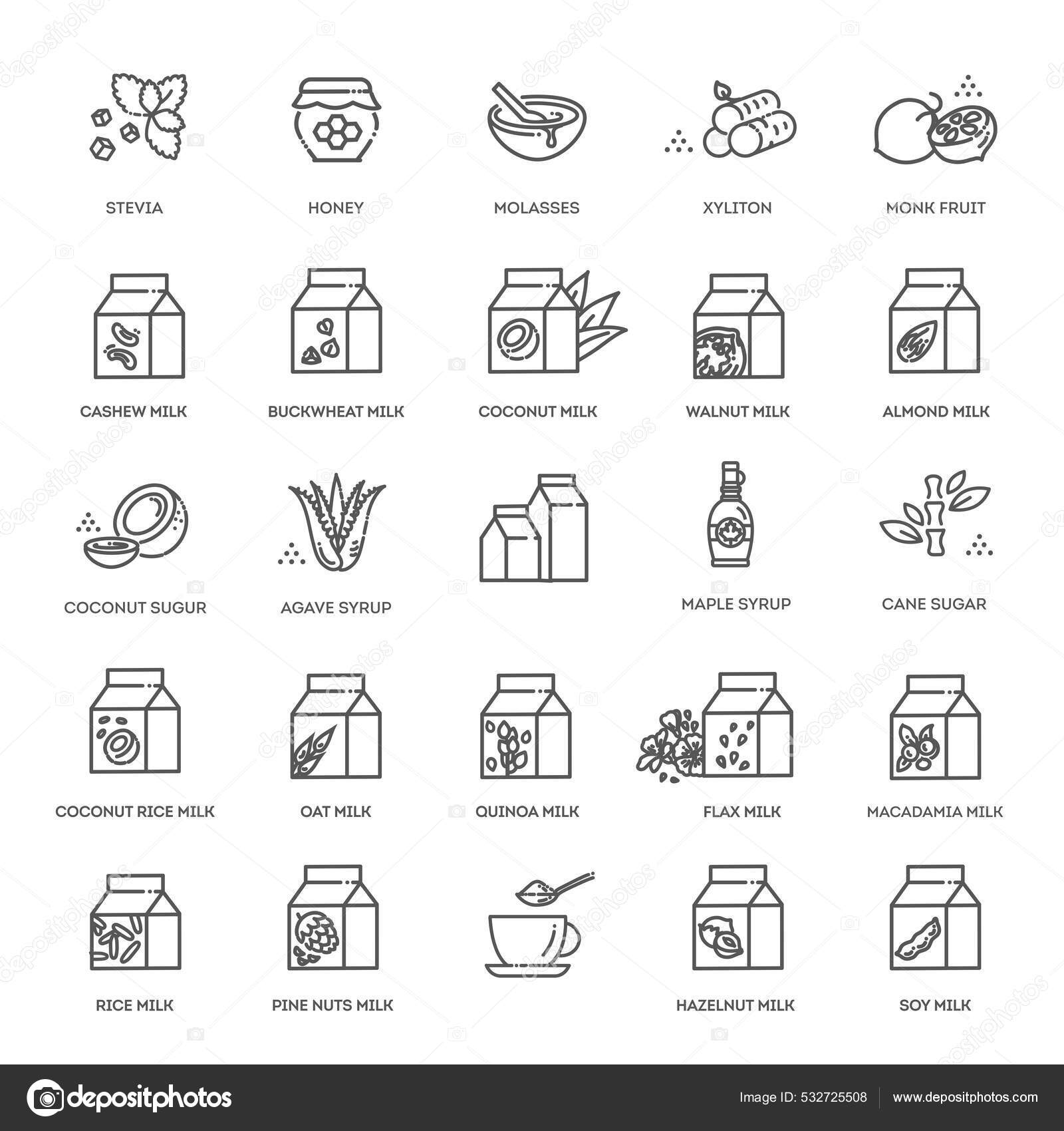 Vegan milk and Alternative sugar. vegetable milk simple thin line icon ...