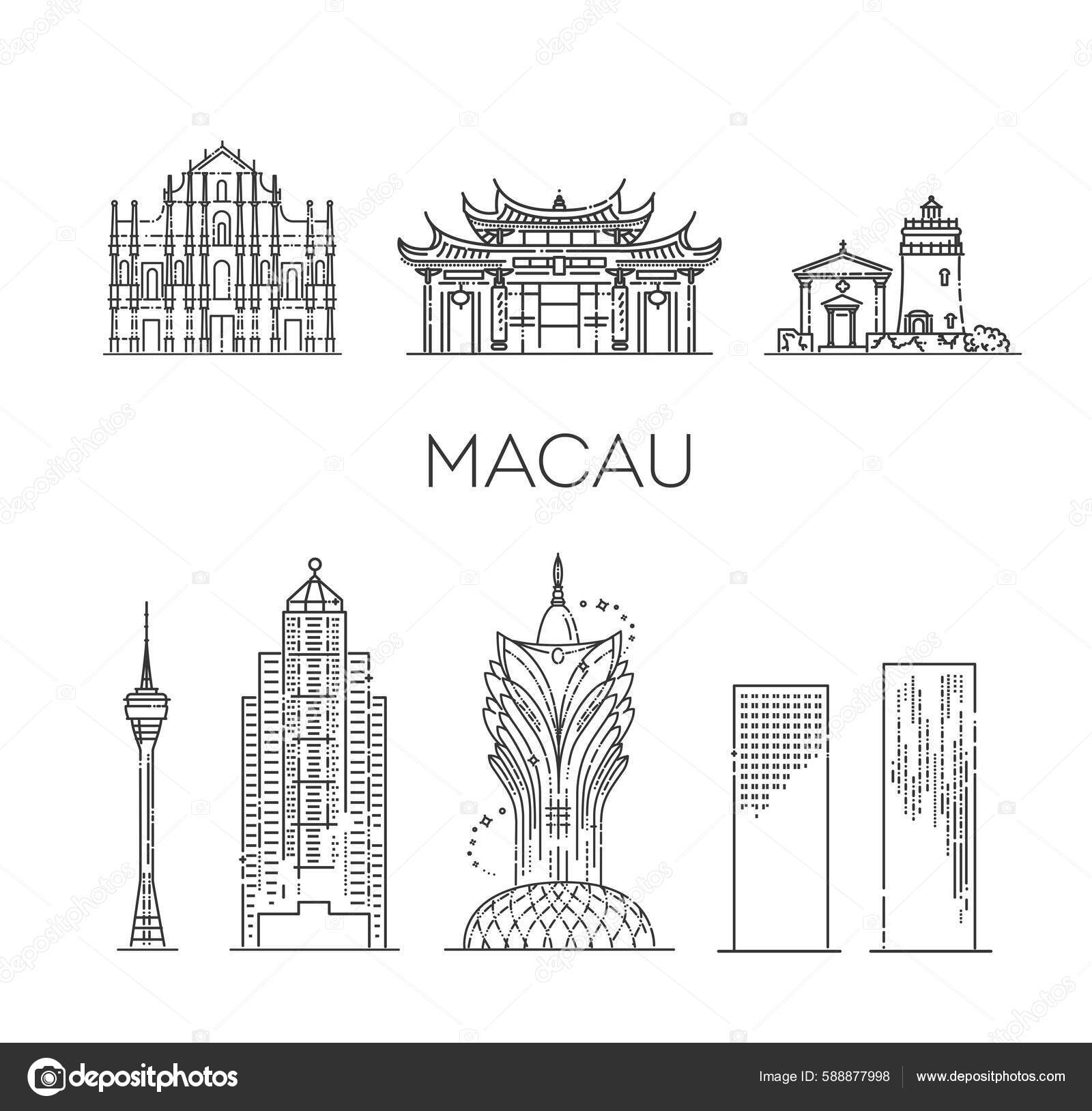 Skyline Macao China Arte Línea Ilustración Vectorial Vector de stock ...