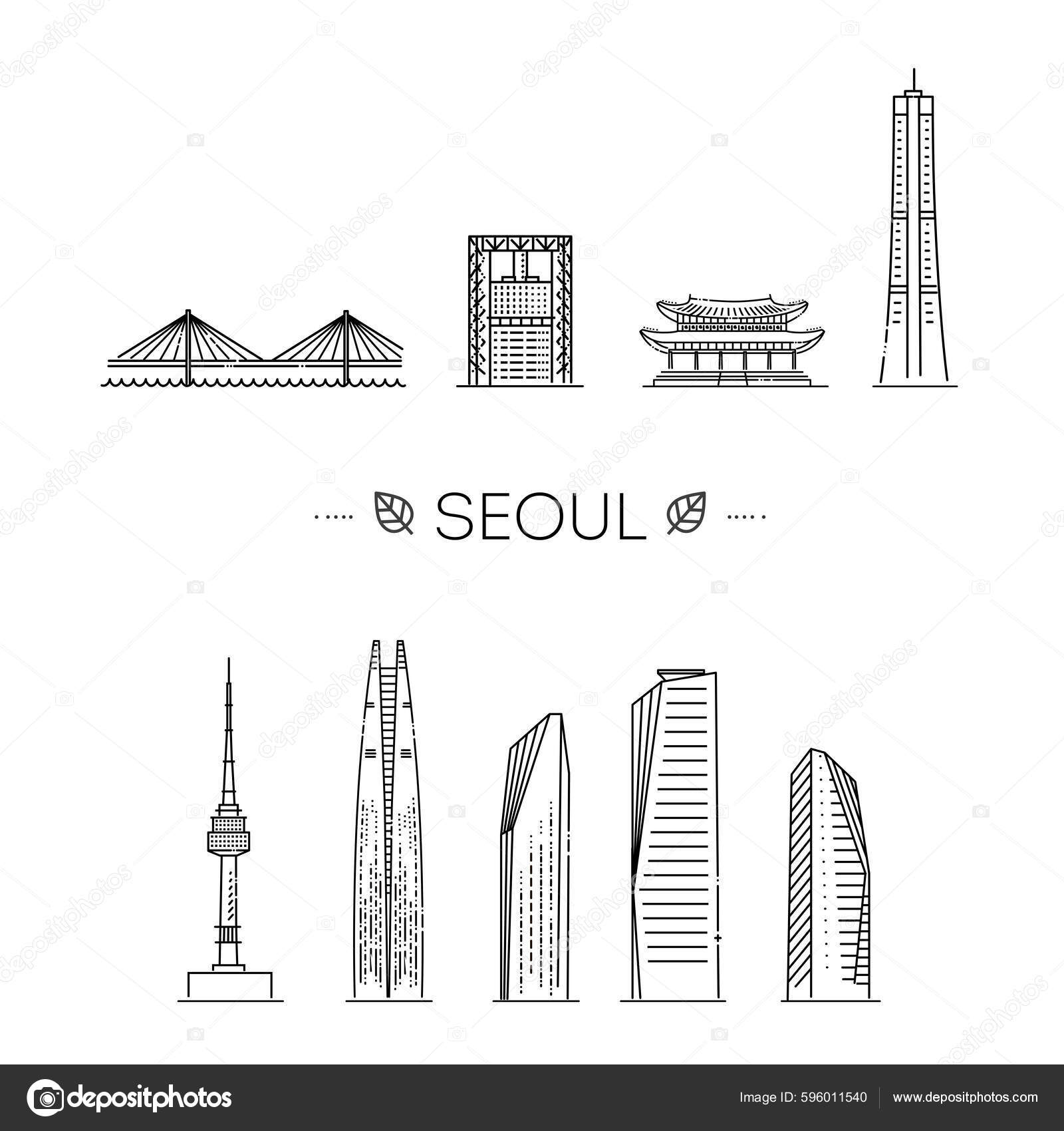 Seoul Detailed Monuments Silhouette Vector Illustrationyline Set Vector ...