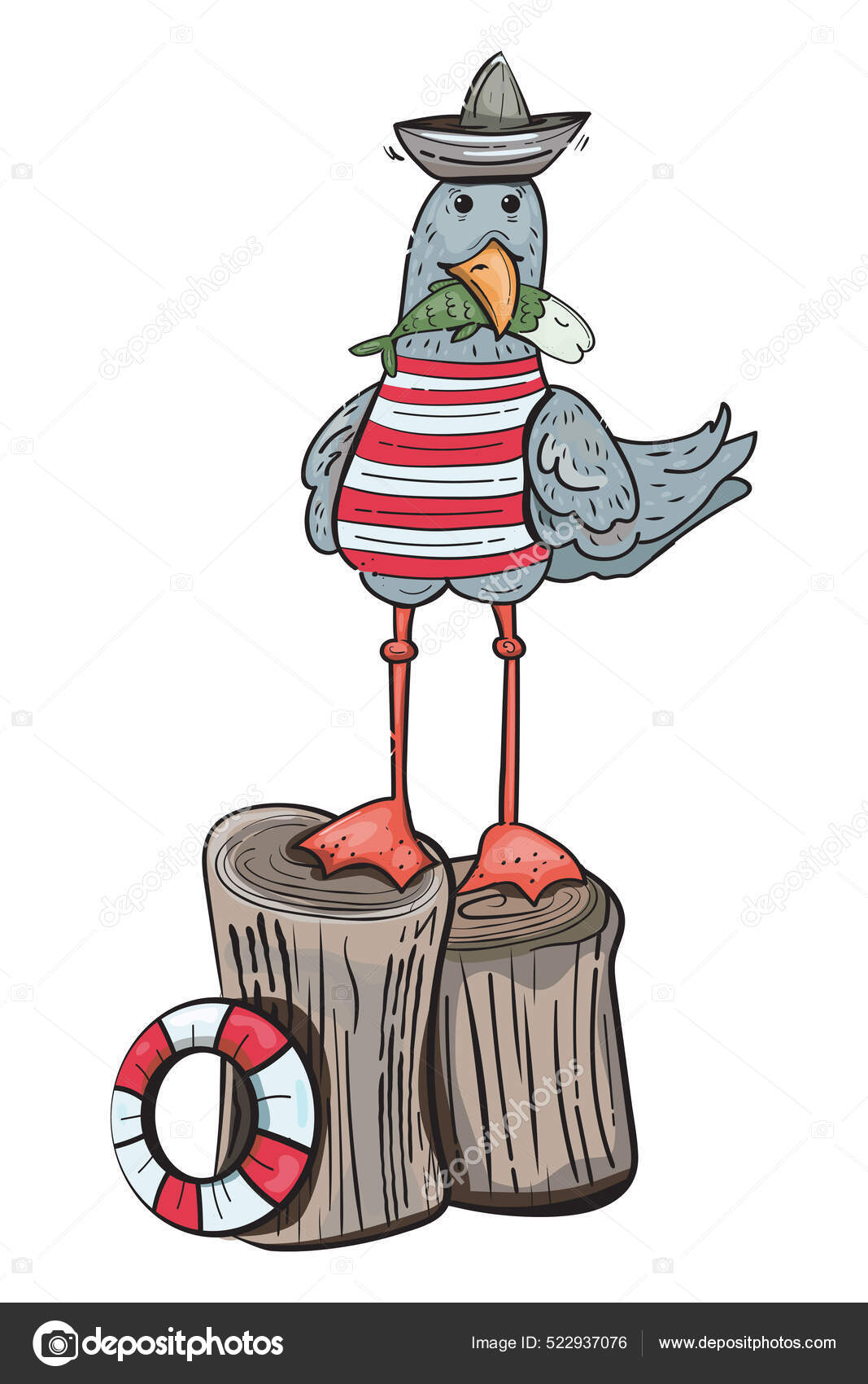 Cartoon Seagull Eating Fish Bird Sailor Captain Illustration Children ...