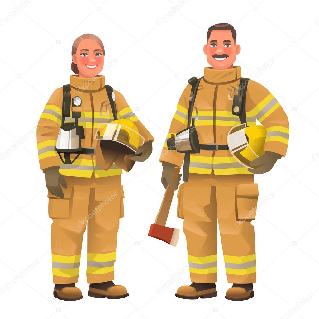 Bomberos. Feliz hombre y una mujer, bomberos, con uniformes protectores ...