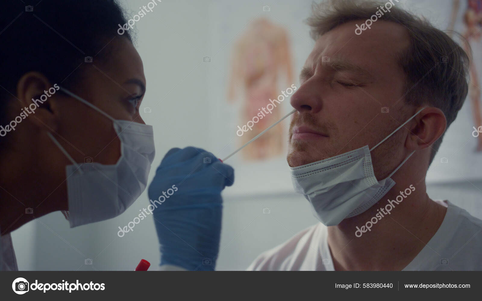 Professional Medic Taking Sample Nose Patient Close Young Blond Man ...