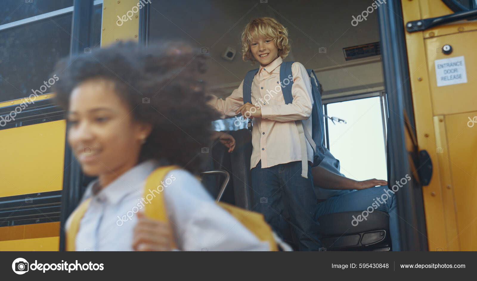 Diverse Elementary Age Pupils Leaving Schoolbus Happy Multiracial ...