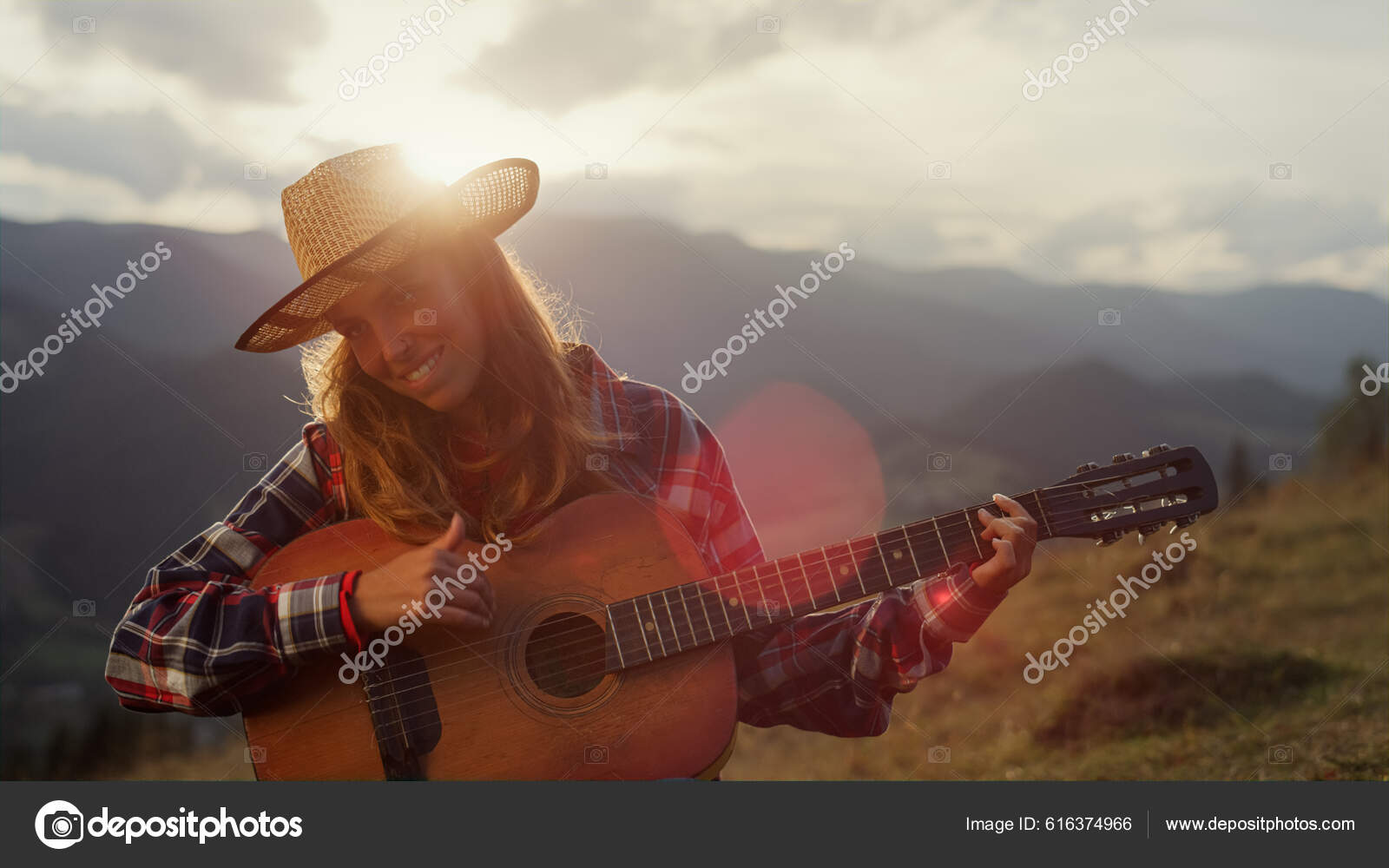 Smiling Music Player Perform Song Acoustic Guitar Close Happy Woman ...