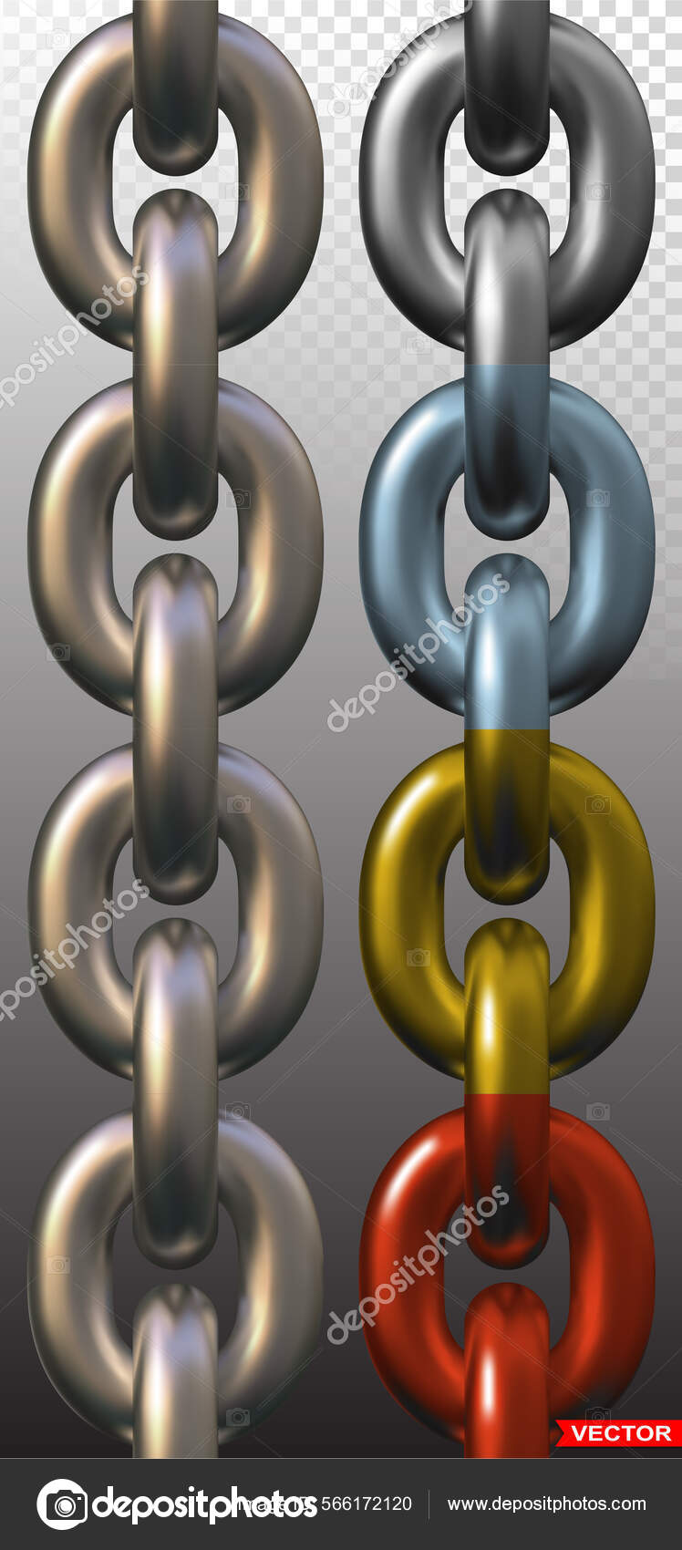 Realistic Gray Color Metal Chain Links Isolated Grey Background Front ...