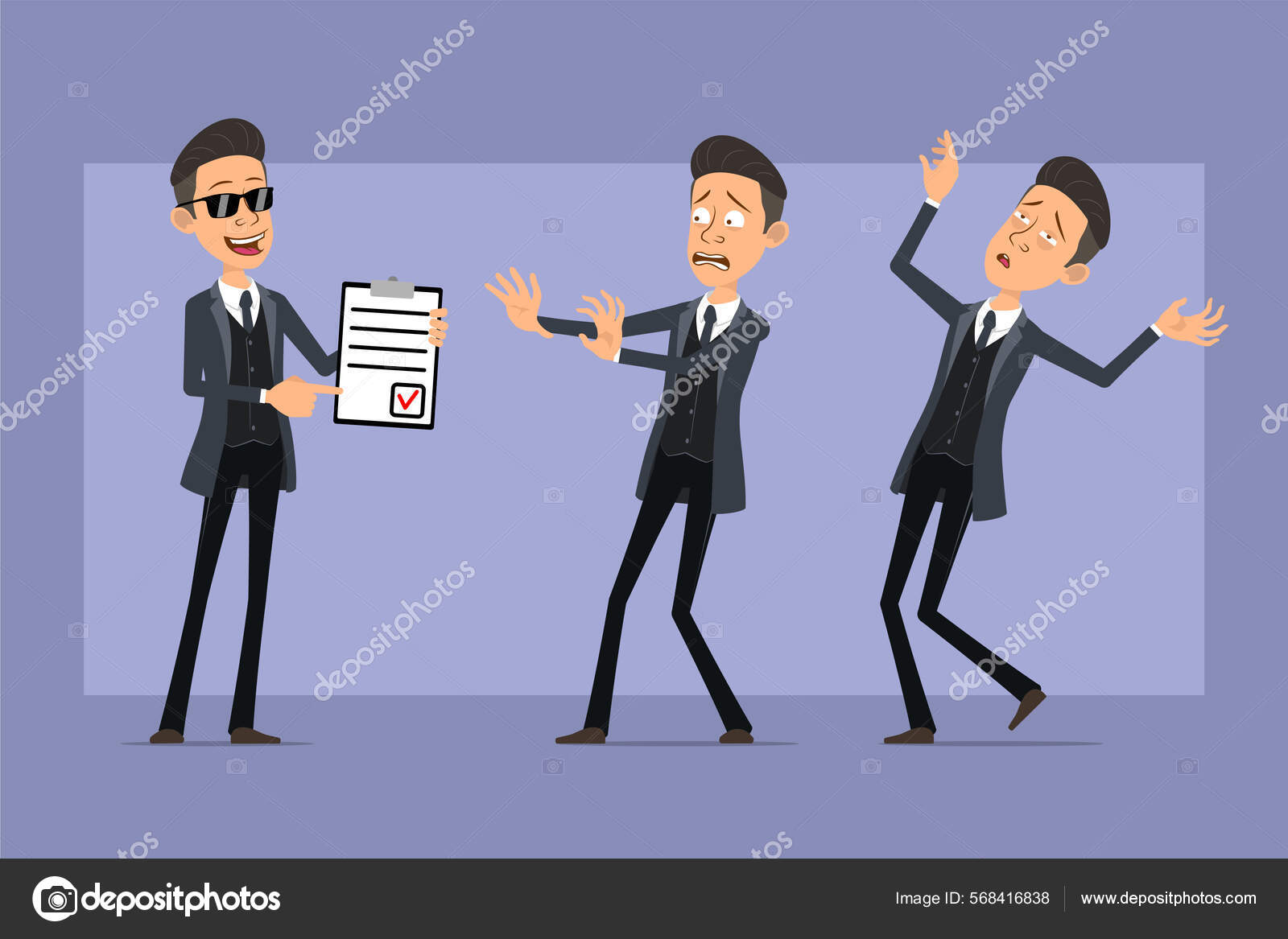 Cartoon Flat Funny Mafia Man Character Black Coat Sunglasses Boy Stock ...