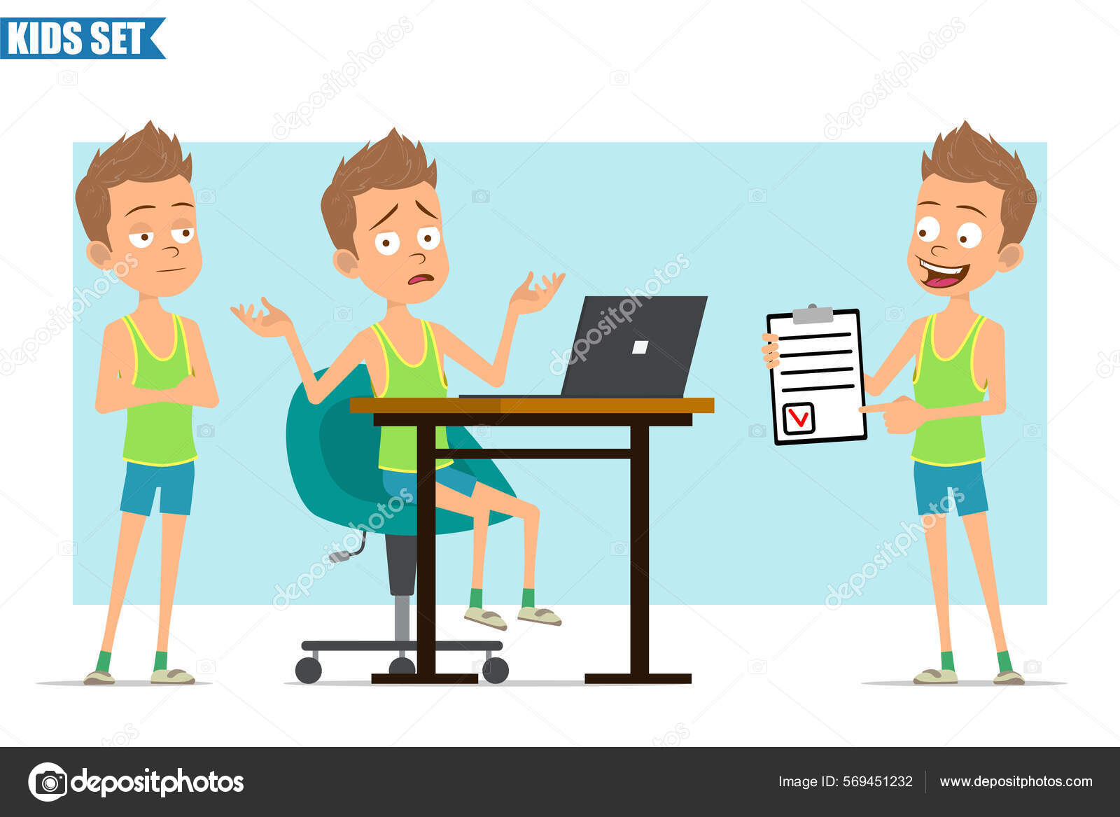 Cartoon Flat Funny Sport Boy Character Green Shirt Shorts Kid Stock ...