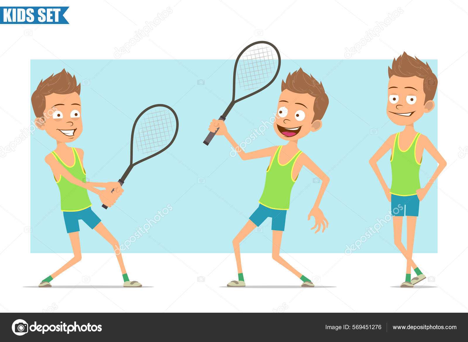 Cartoon Flat Funny Sport Boy Character Green Shirt Shorts Kid Stock ...