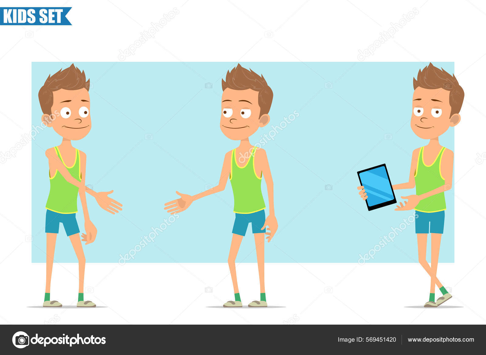 Cartoon Flat Funny Sport Boy Character Green Shirt Shorts Kid Stock ...