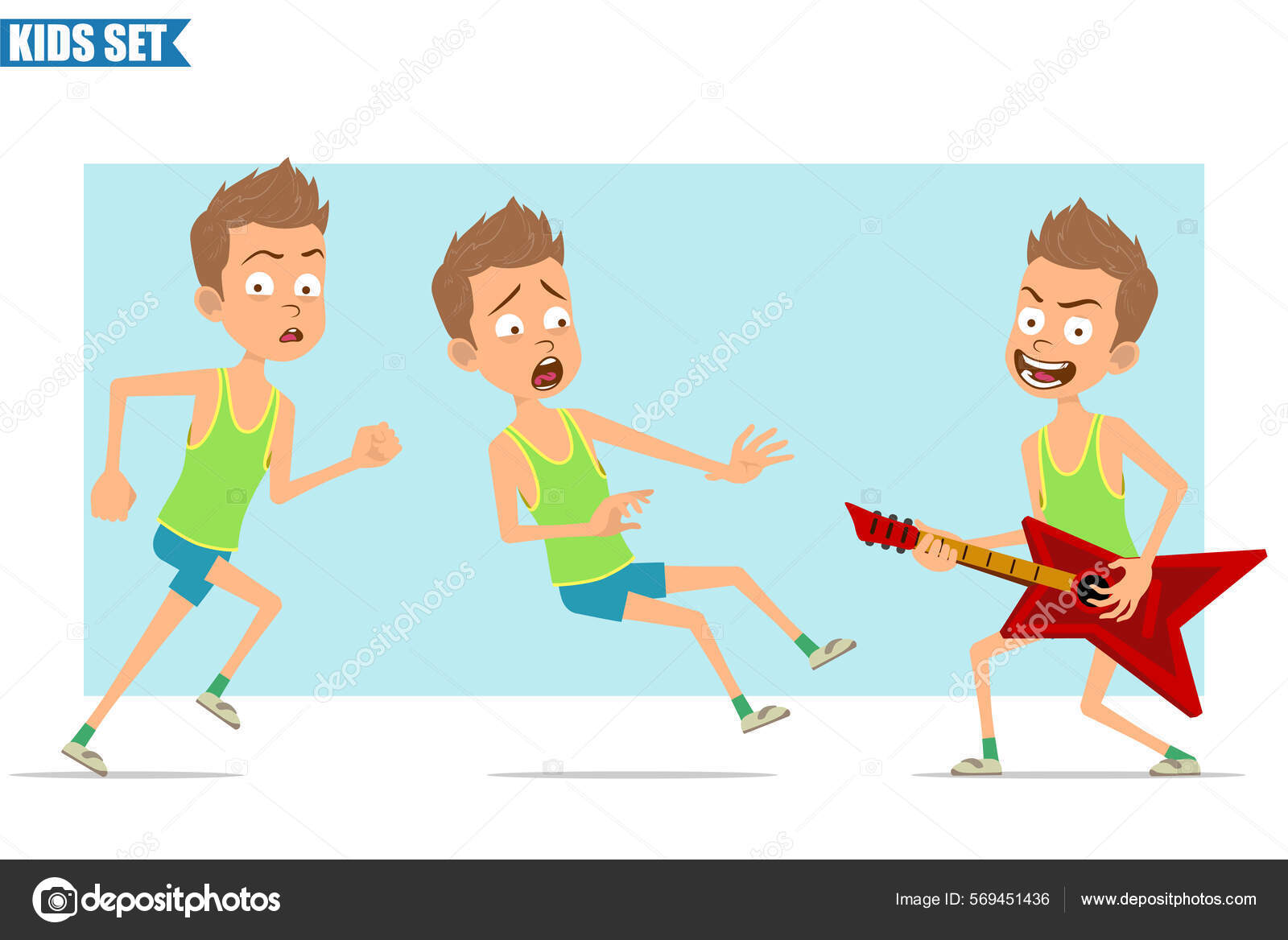 Cartoon Flat Funny Sport Boy Character Green Shirt Shorts Kid Stock ...