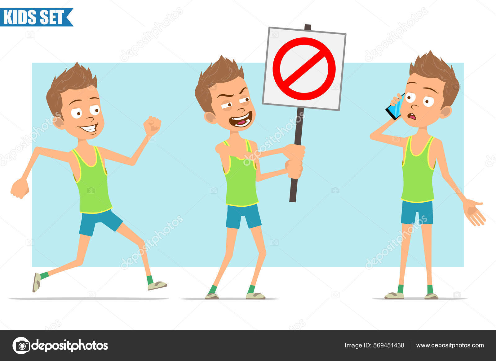 Cartoon Flat Funny Sport Boy Character Green Shirt Shorts Kid Stock ...