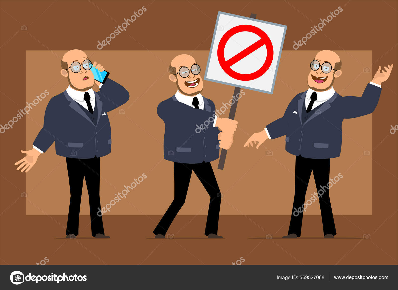 Cartoon Flat Funny Bald Professor Man Character Dark Suit Glasses Stock ...